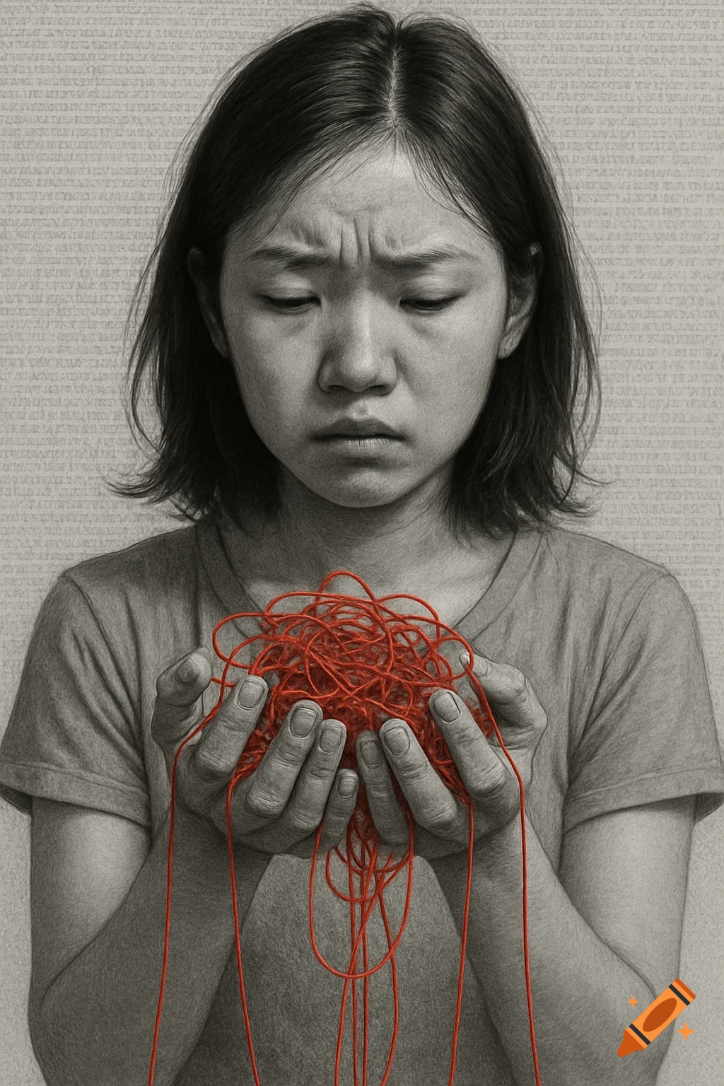 Hyperrealistic pencil drawing of a young Asian girl with a troubled ...