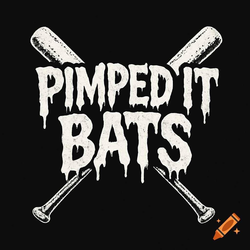 Black and white logo with drippy text "PIMPED IT BATS" over crossed ...
