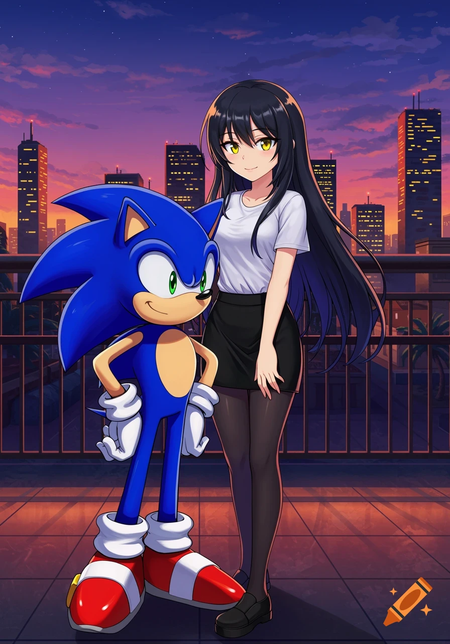 Sonic the Hedgehog and an anime girl on a rooftop at sunset. on Craiyon