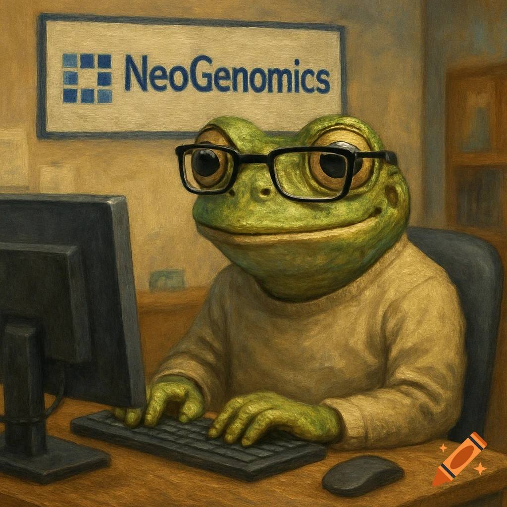 A frog wearing glasses sits at a computer keyboard in an office with a ...