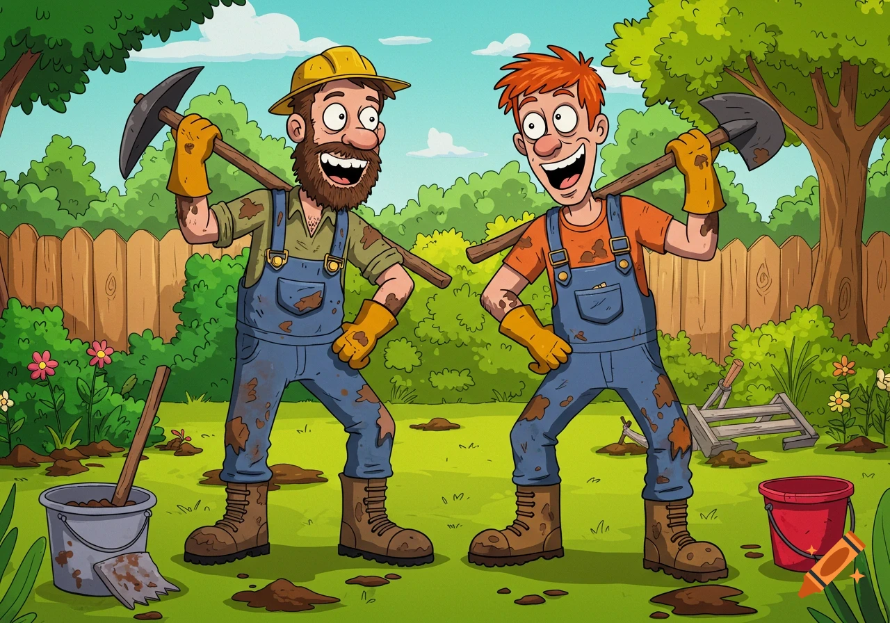 Two cartoon men in dirty overalls stand in a yard with tools. on Craiyon
