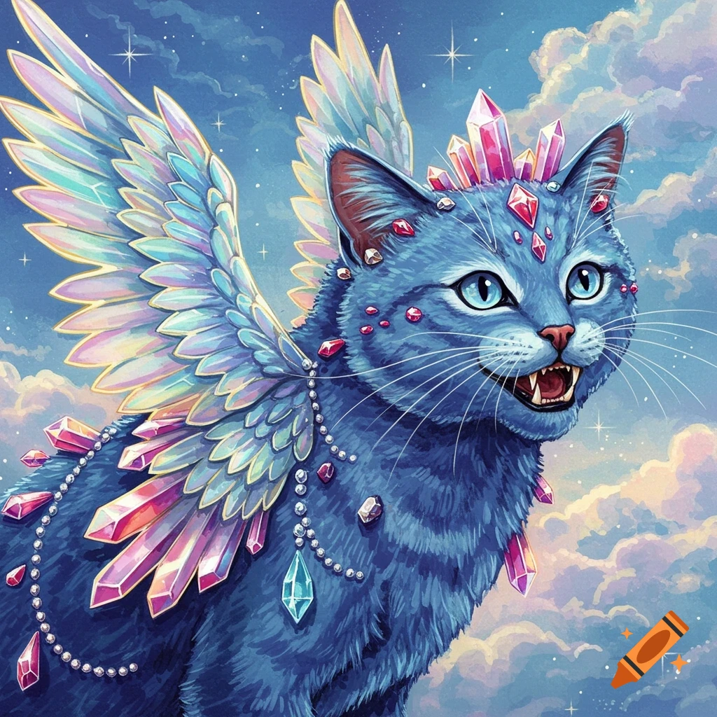 Blue cat with crystal wings, gems, and jewels flying in a cloudy ...