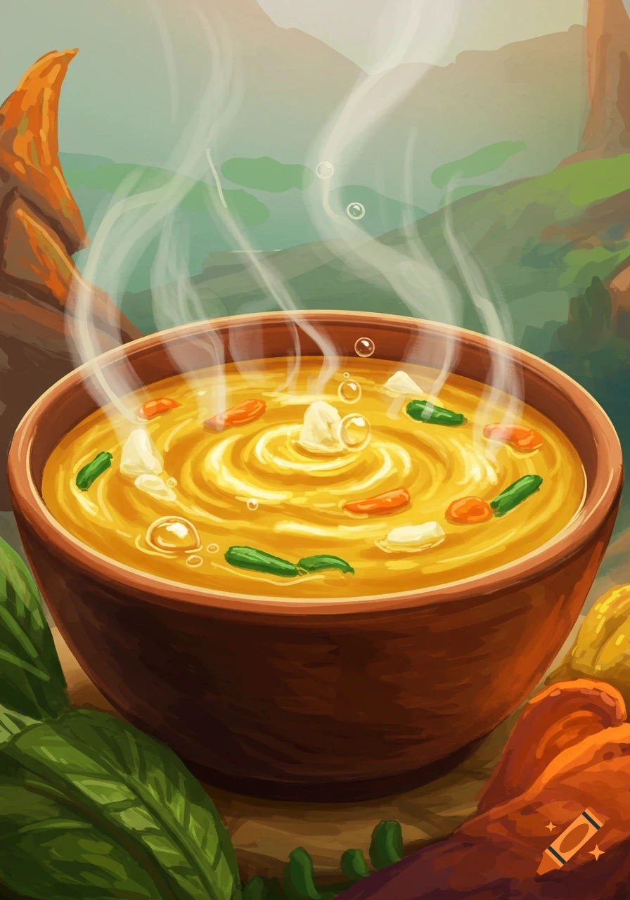 Steaming bowl of soup with vegetables in a fantasy landscape painting ...