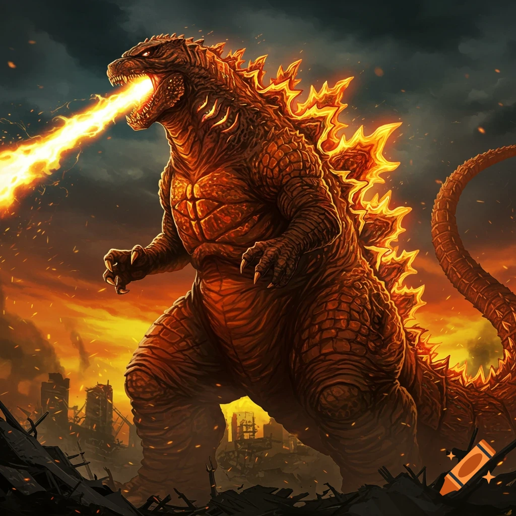 A large fiery Godzilla breathing fire over a destroyed city. on Craiyon