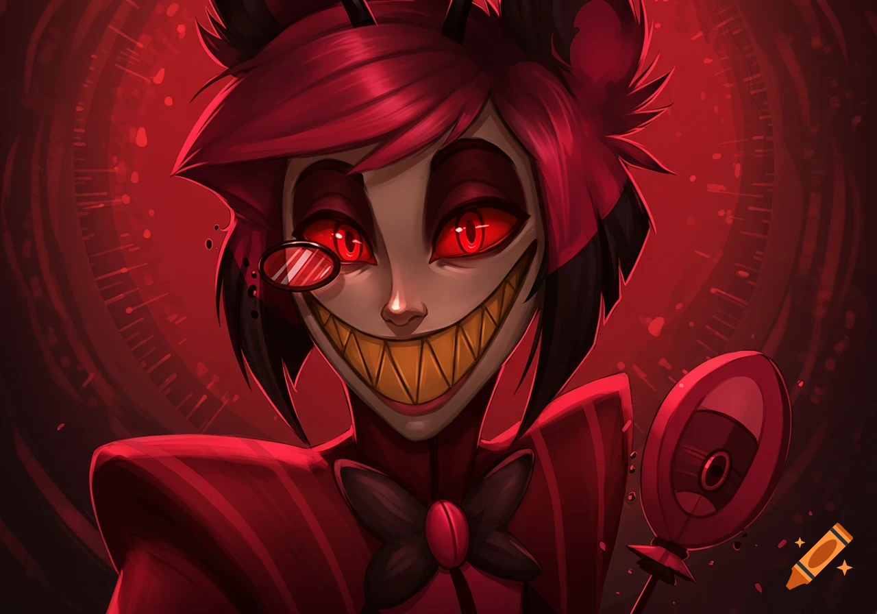 Close-up portrait of the Hazbin Hotel character Alastor with a wide ...