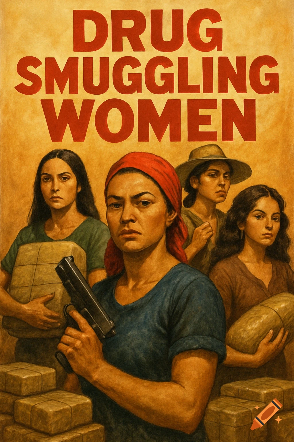 Painted poster of women with drug packages and a gun, with 'DRUG ...
