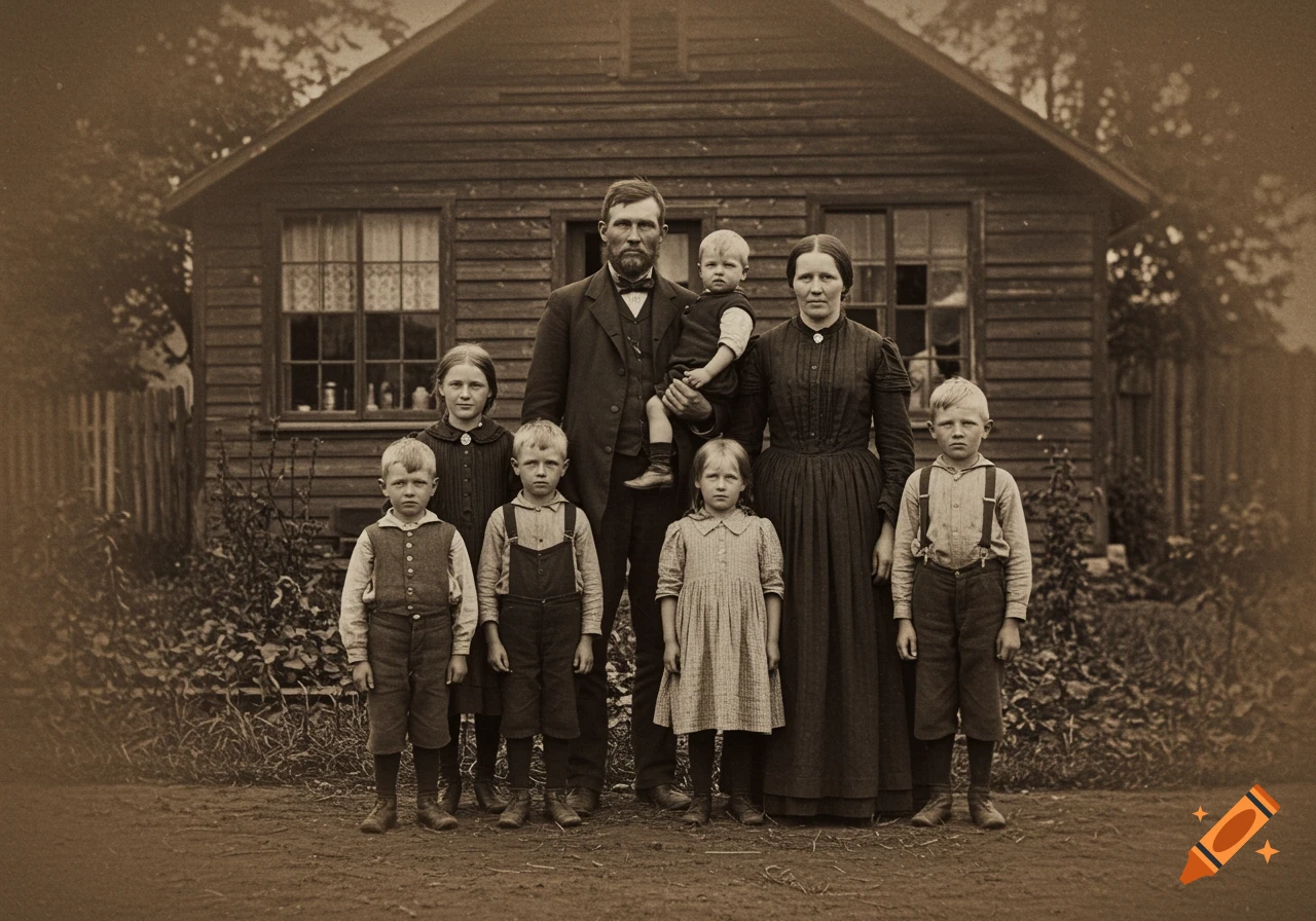 Sepia photo of a large family posing in front of a wooden house on Craiyon