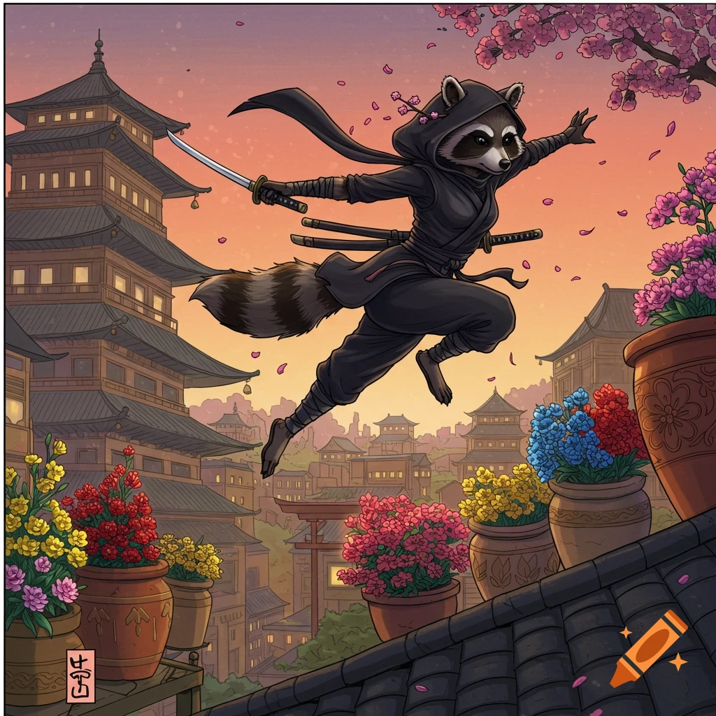 Cartoon raccoon ninja leaps over Japanese rooftops with sword, cherry ...