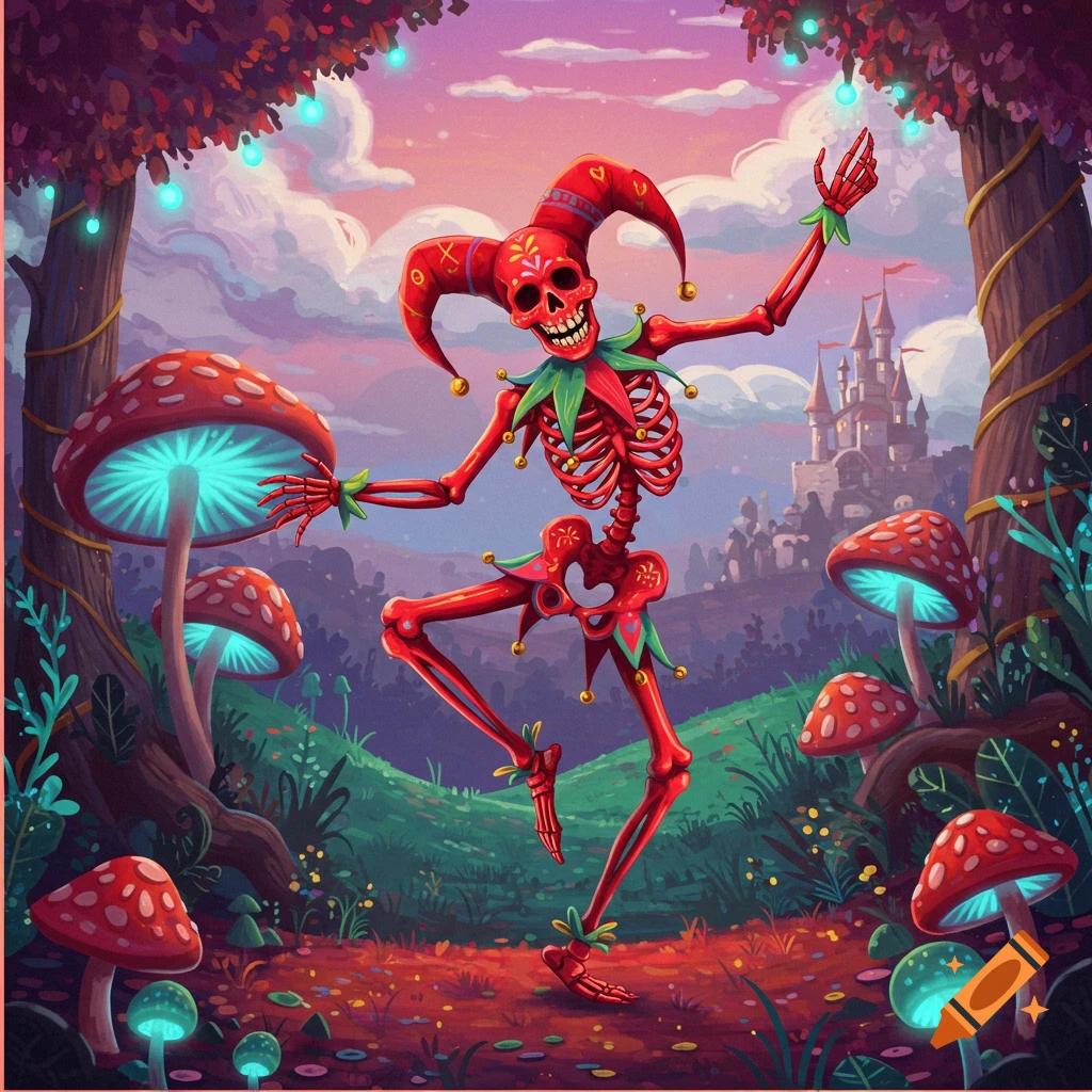 Red skeleton jester dances in a fantasy forest with glowing mushrooms ...