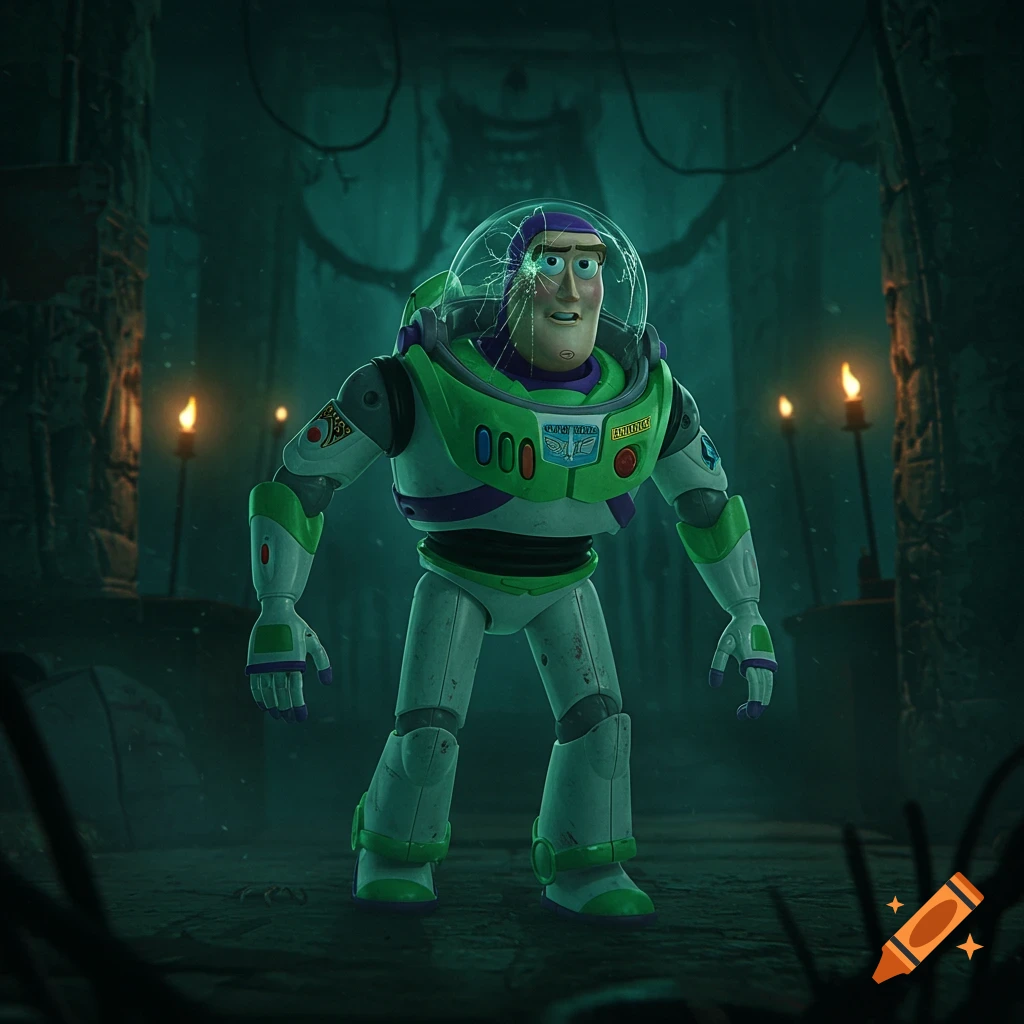 Buzz Lightyear stands with a cracked helmet in a dark, torchlit ancient ...