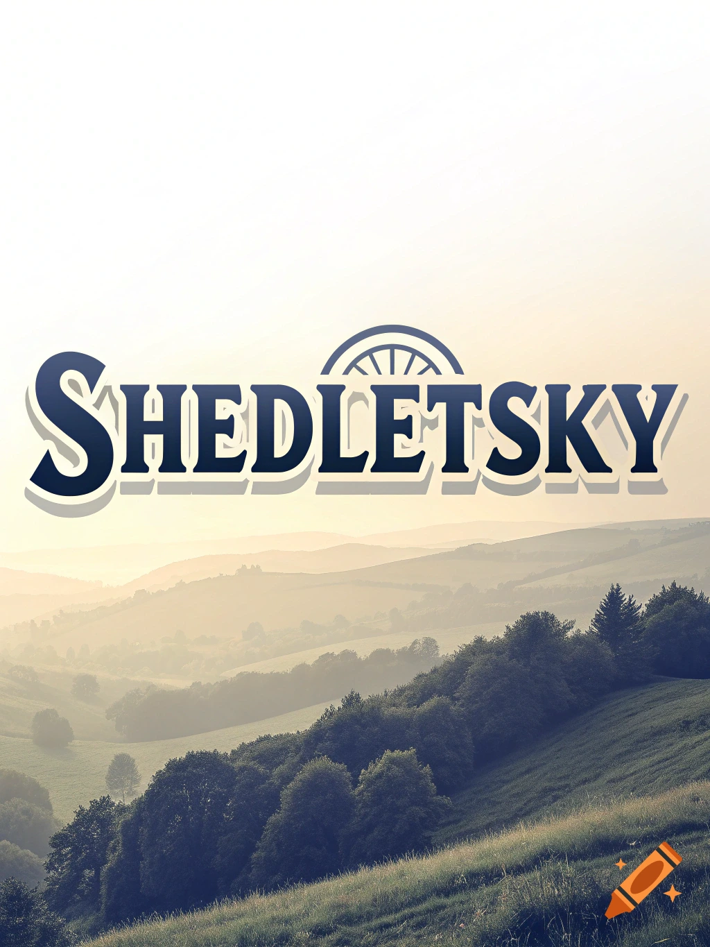 Logo "SHEDLETSKY" over a hazy landscape of rolling hills. on Craiyon