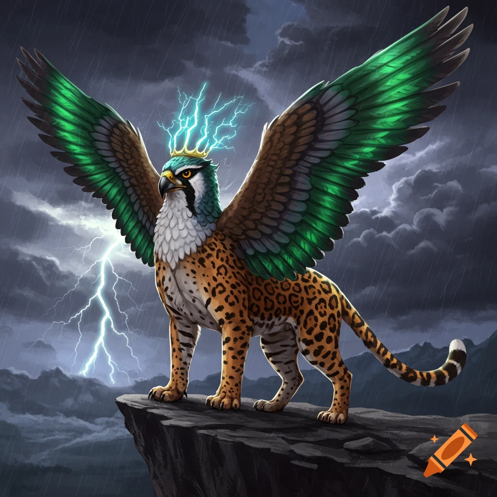 Mythical creature with falcon head, leopard body, and green wings ...