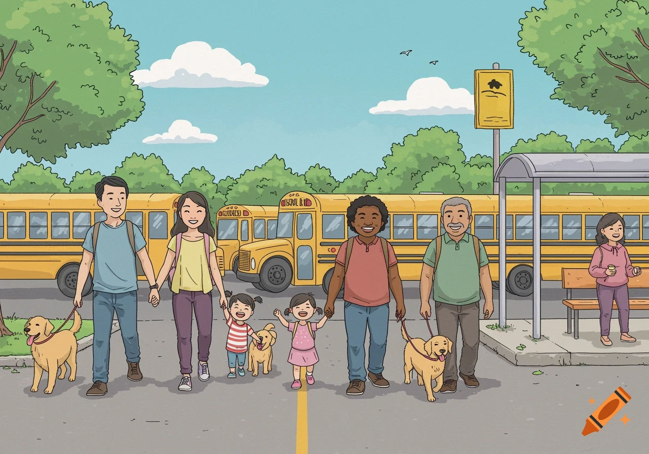 Illustration of a diverse group of people, children, and dogs at a bus ...