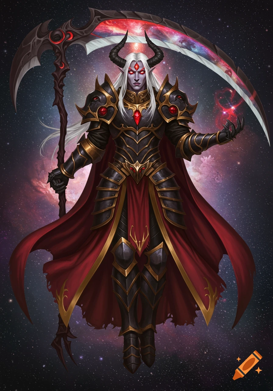 Fantasy god-like figure in armor with scythe against a space background ...
