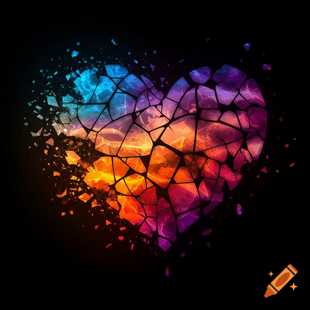 Abstract broken heart exploding into colorful fragments on a black ...