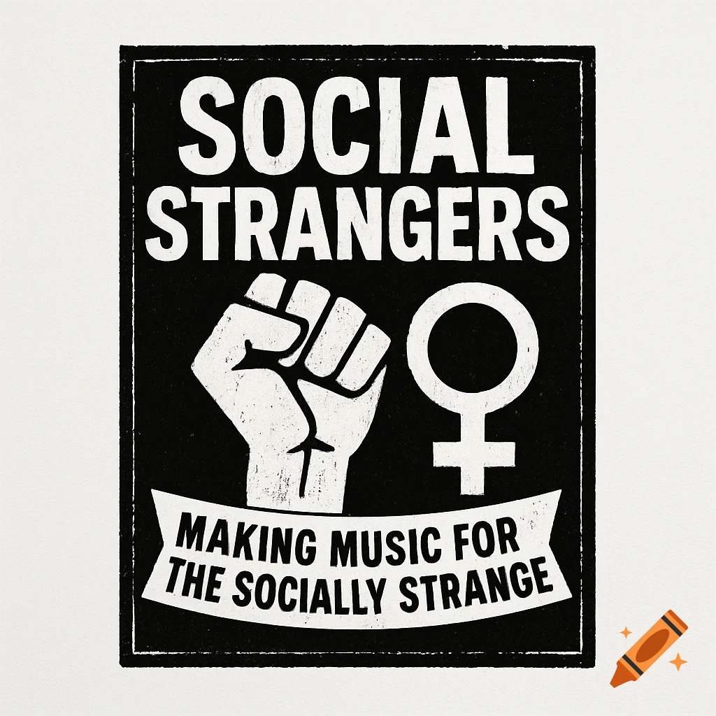 Black and white logo with raised fist, female symbol, and text 'SOCIAL ...