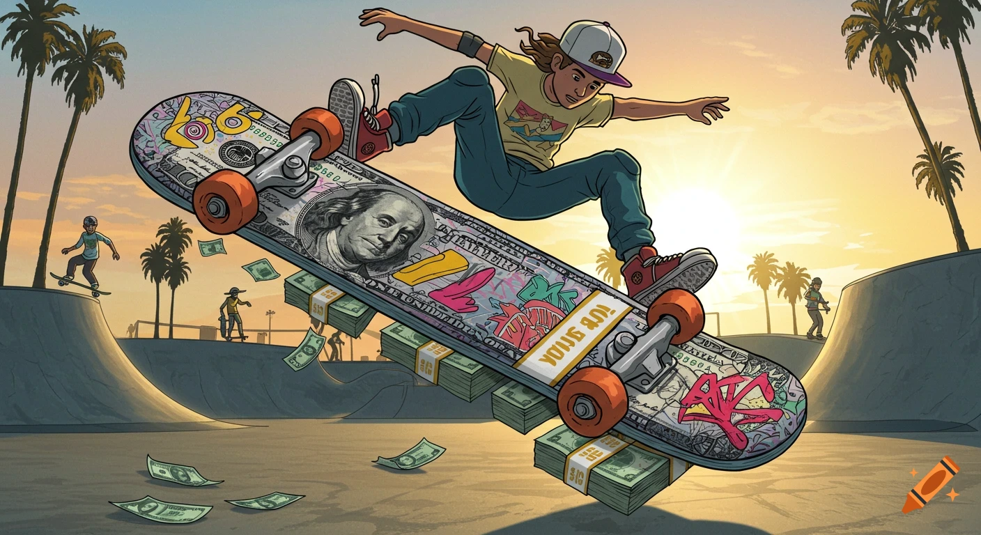 Illustration of a skater on a skateboard made of money at a sunset ...