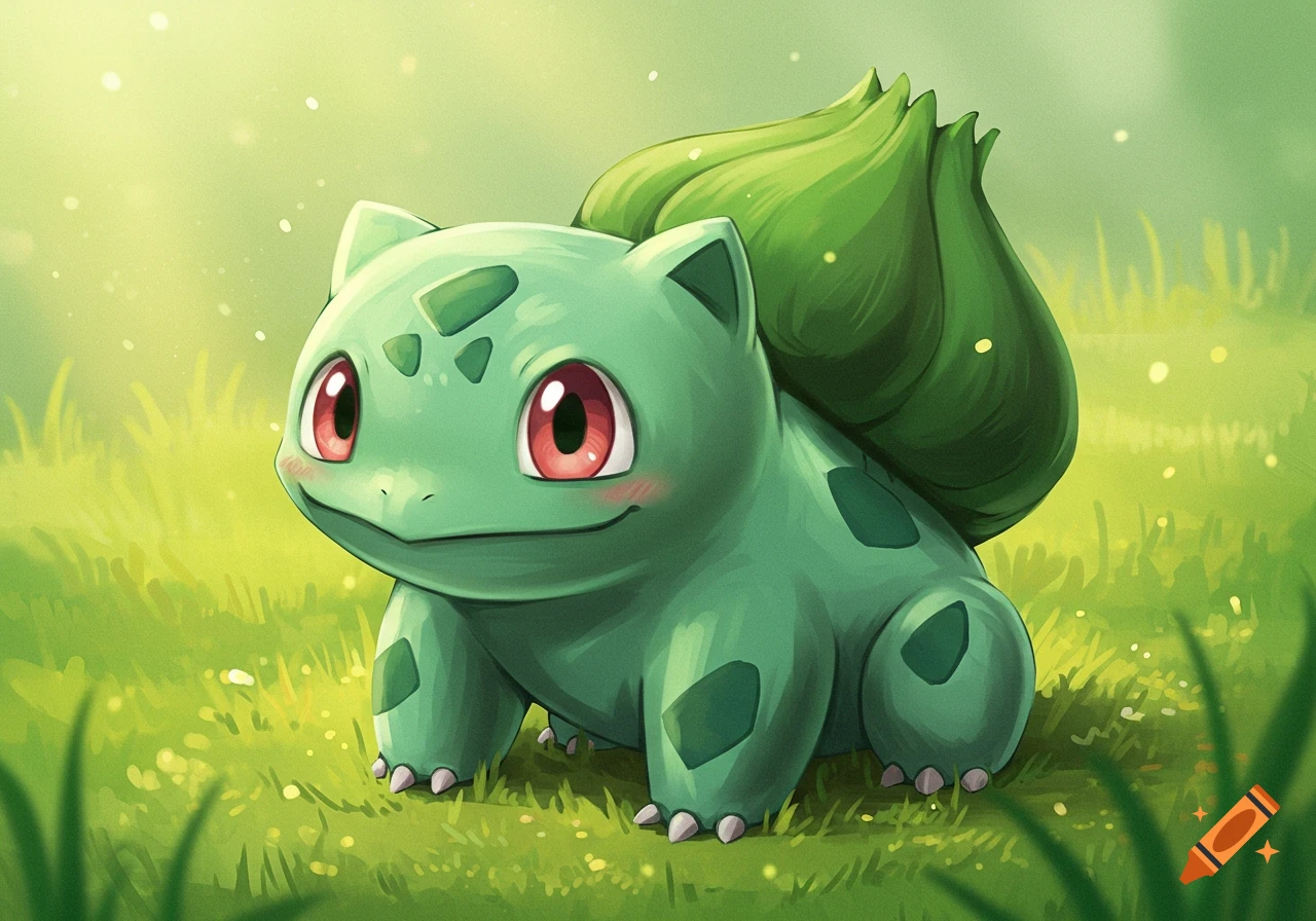 A cute Bulbasaur sits in a grassy field. on Craiyon
