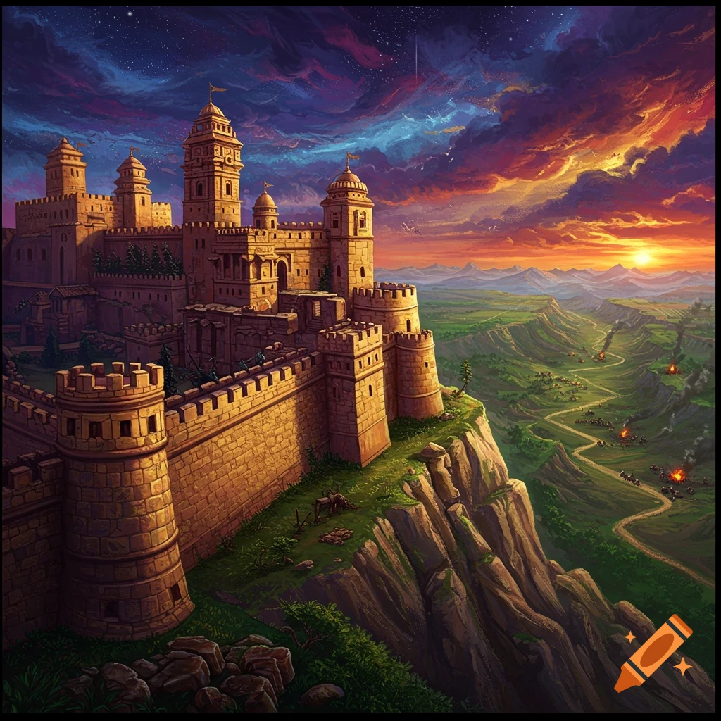 A large fantasy castle sits on a cliff overlooking a valley with a winding road at sunset under ...