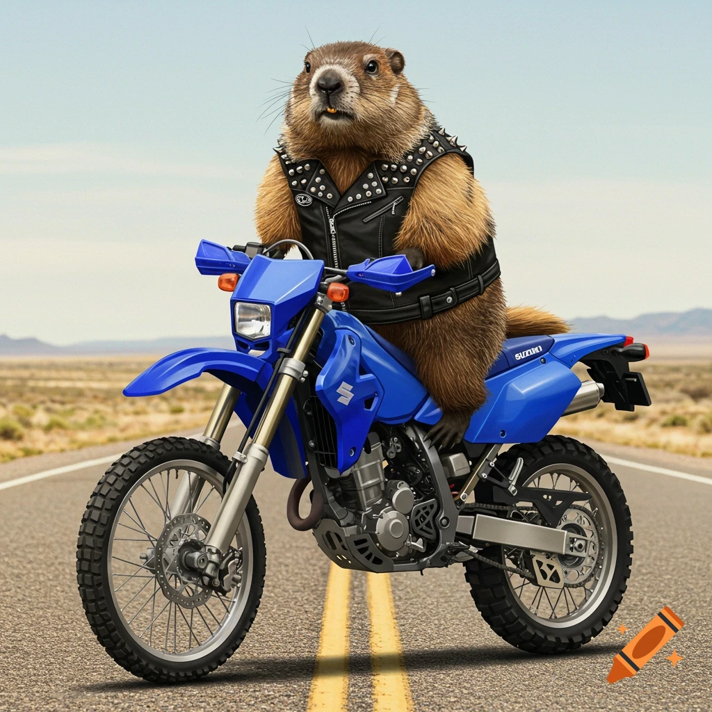 A groundhog in a biker vest rides a blue motorcycle on a road. on Craiyon