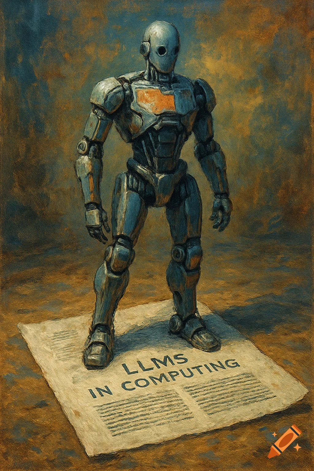 A painterly illustration of a robot standing on a document titled 'LLMS ...