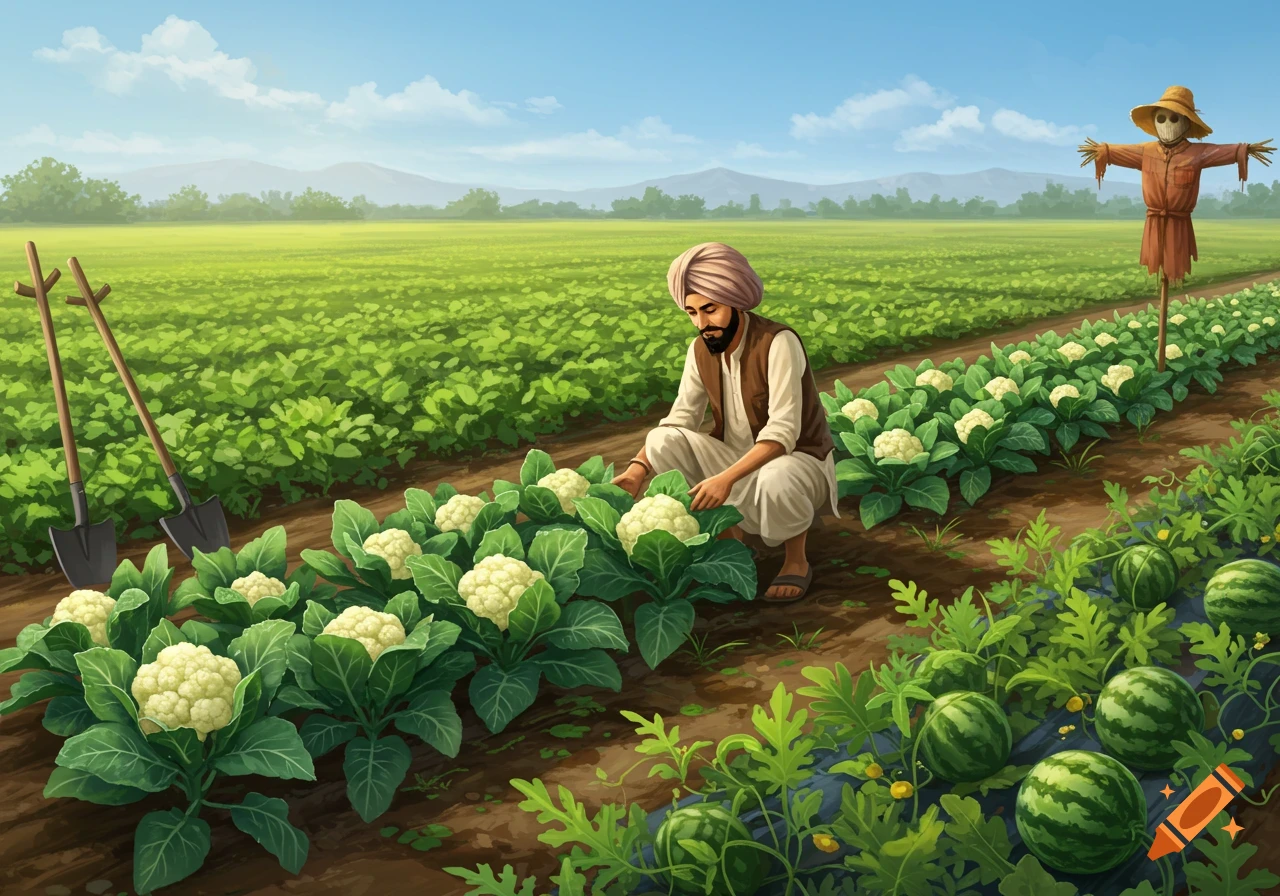 Farmer kneels among cauliflower plants in a sunny field with watermelon vines and a scarecrow ...