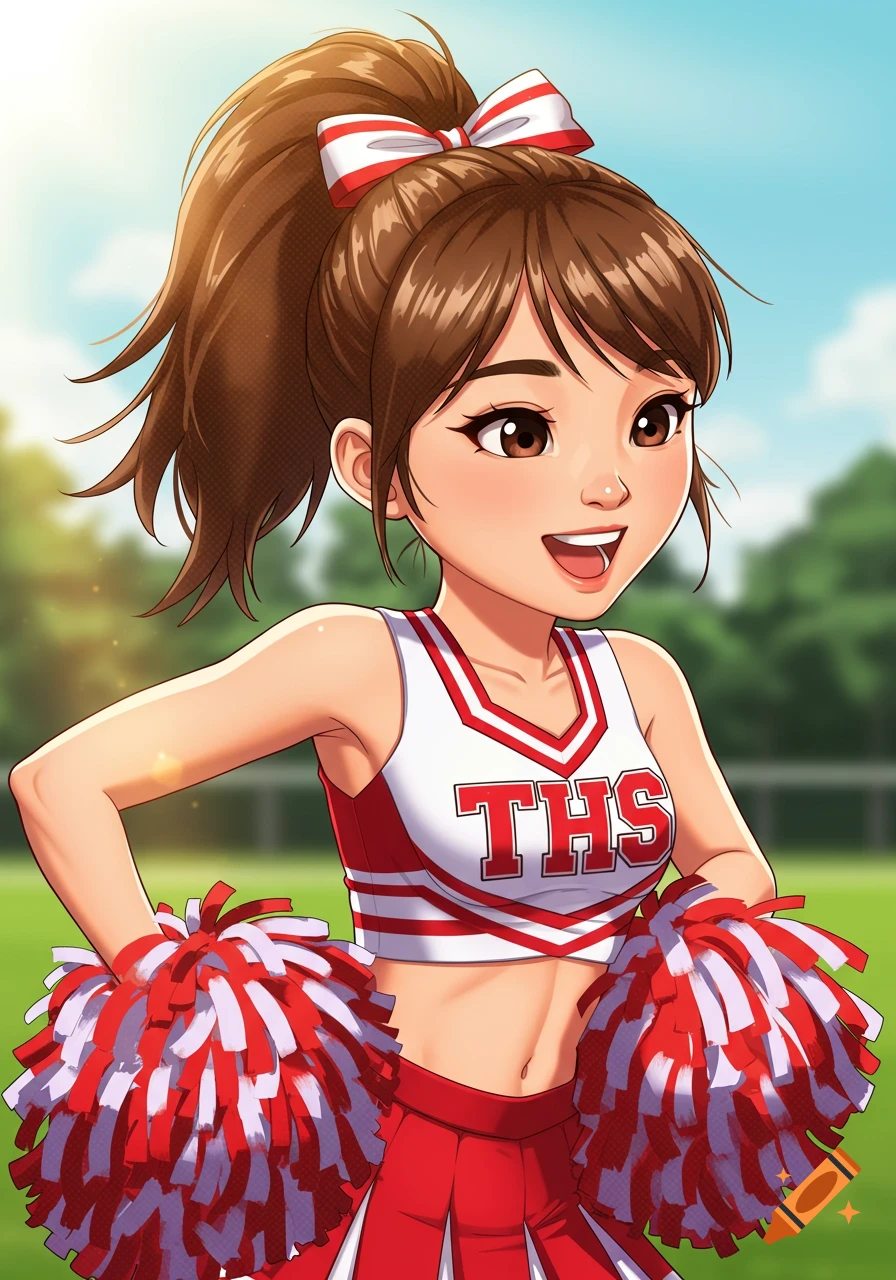 Anime-style cheerleader in red and white uniform holding pom-poms on ...