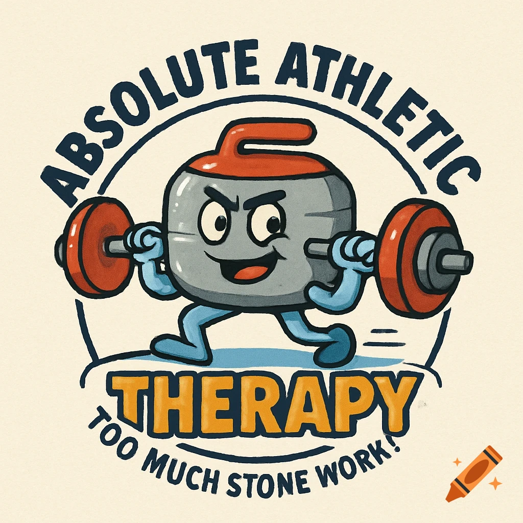 Cartoon logo of a curling stone character lifting weights with text 'Absolute Athletic Therapy ...