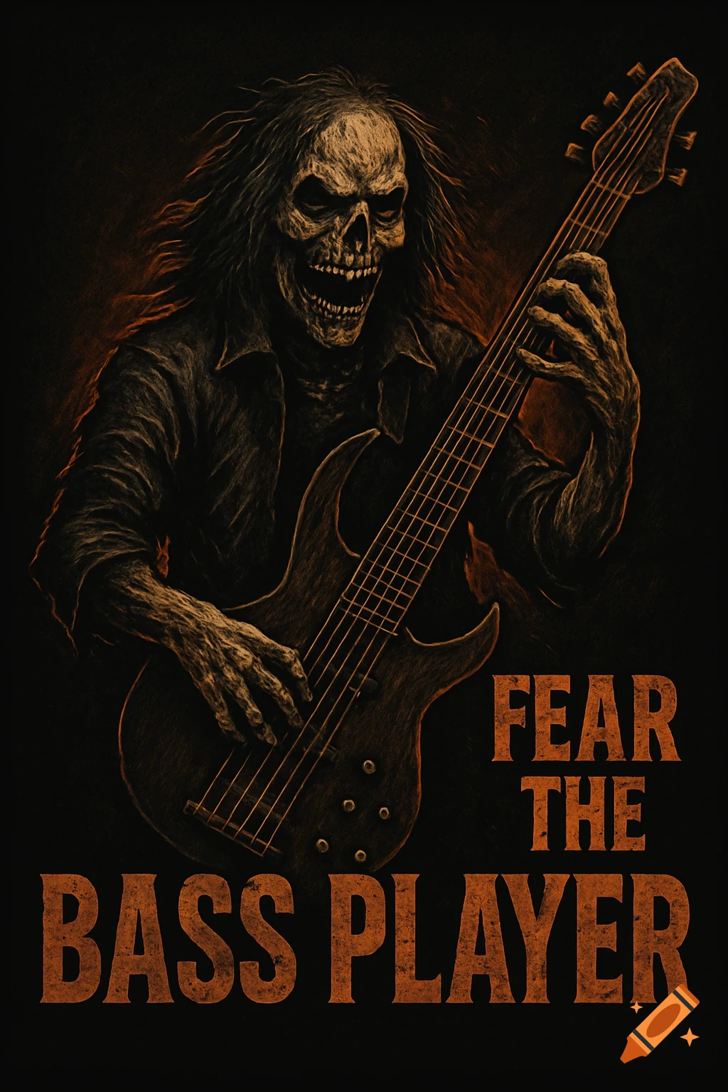 A skeletal figure with long hair plays a bass guitar with text "Fear ...