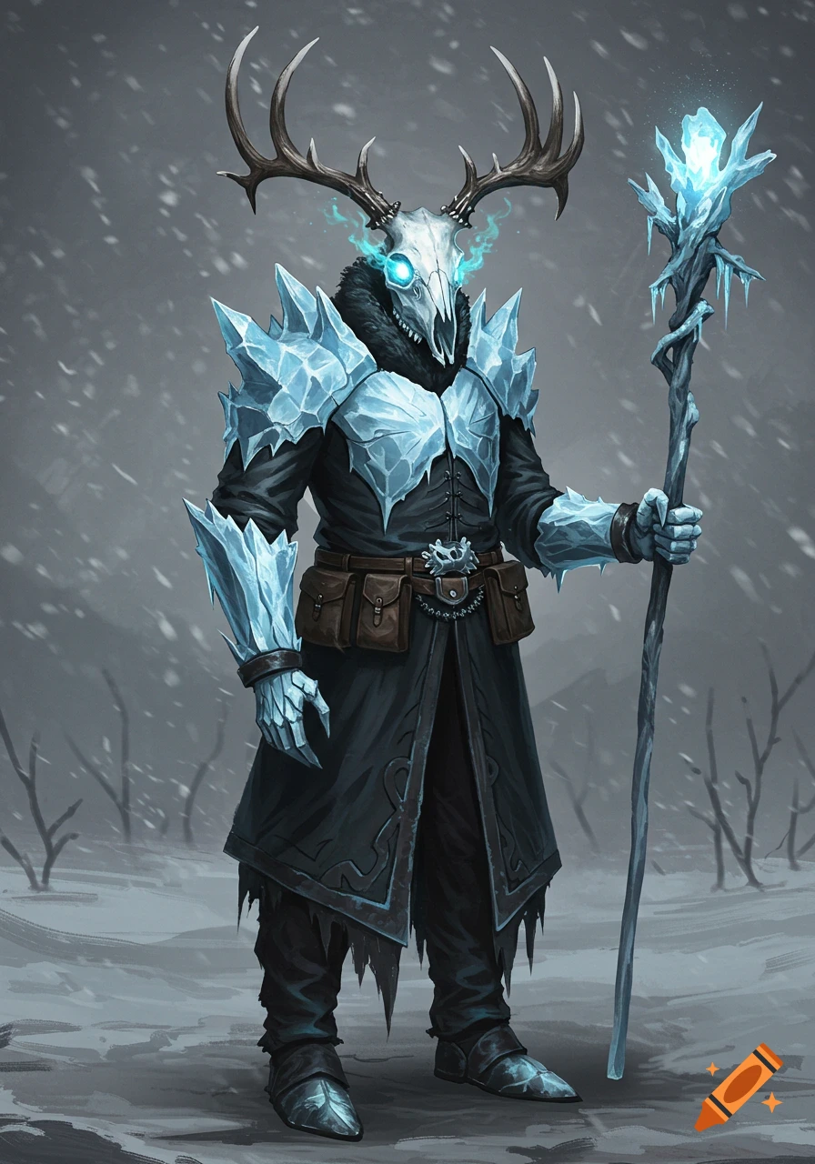 A figure with a deer skull head and ice armor holds a staff in a snowy ...