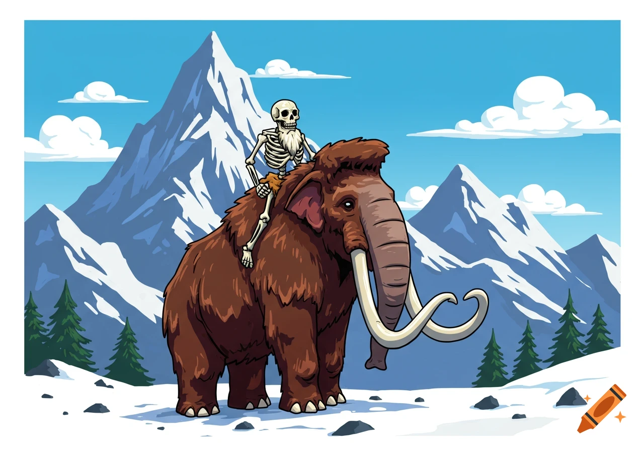 Illustration of a bearded skeleton riding a mammoth in a snowy mountain ...