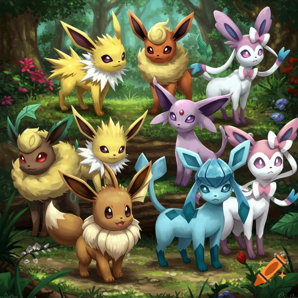 An illustration of multiple Pokemon Eevee evolutions in a forest ...