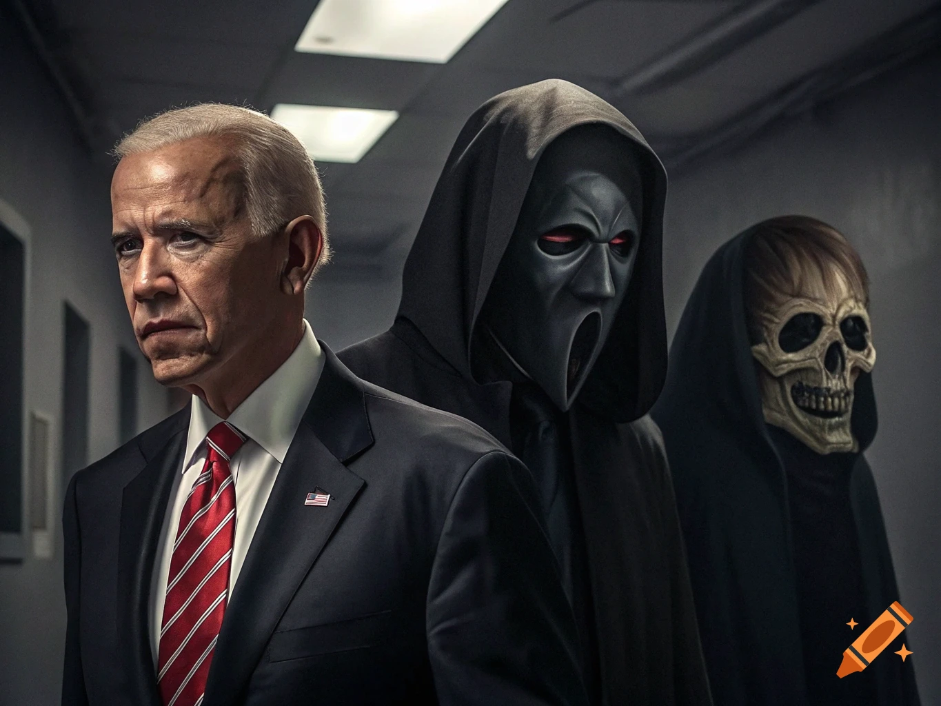 A person resembling Barack Obama stands in a corridor with two masked ...