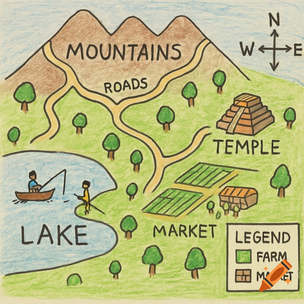 Crayon drawing map of a landscape with mountains, lake, roads, temple ...