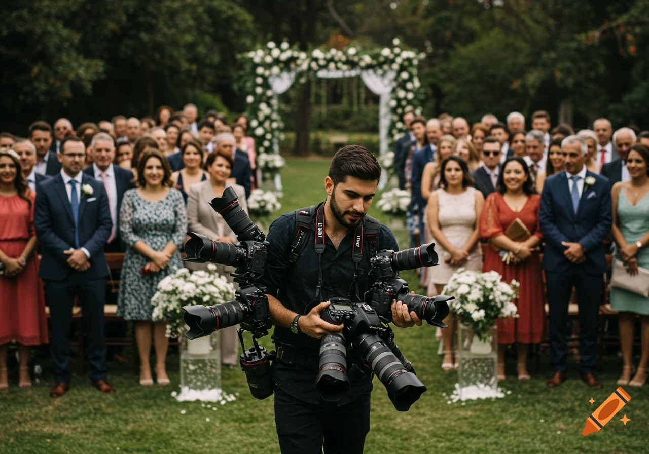 A photographer with multiple cameras attached stands before a crowd at ...