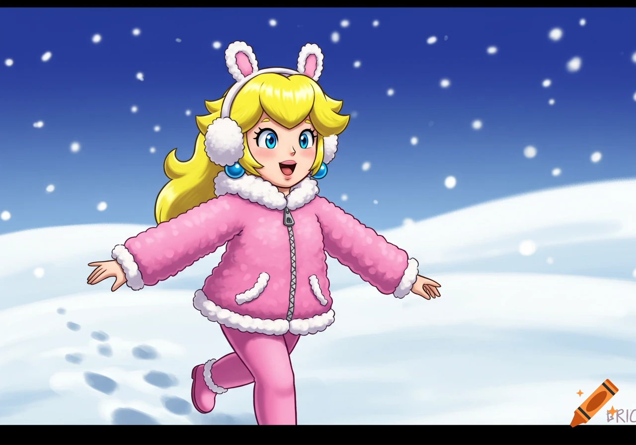 Princess Peach in a pink winter coat running through the snow in 2D art ...