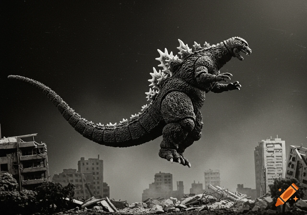 Black and white photo of Godzilla jumping over a destroyed city on Craiyon