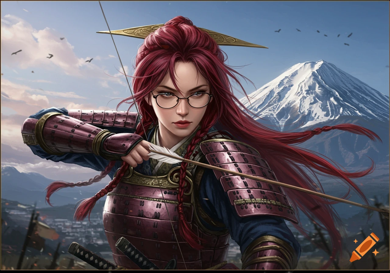 Female samurai warrior with red hair and glasses aiming a bow, with ...
