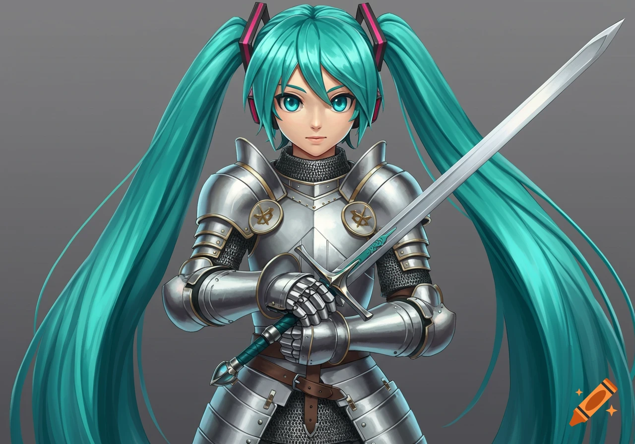 Anime character resembling Hatsune Miku in full medieval plate armor ...