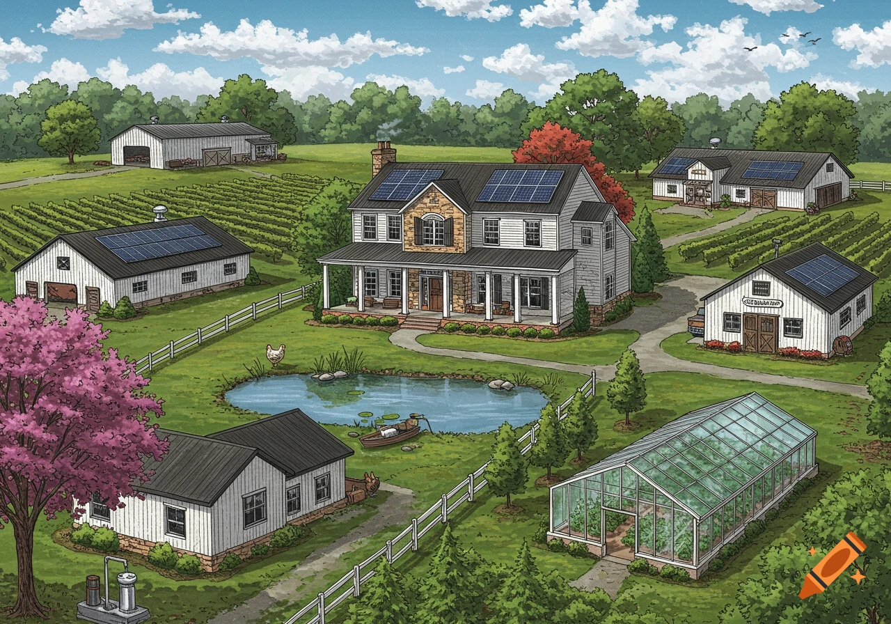 An detailed illustration of a large, solar-powered farm with a house ...