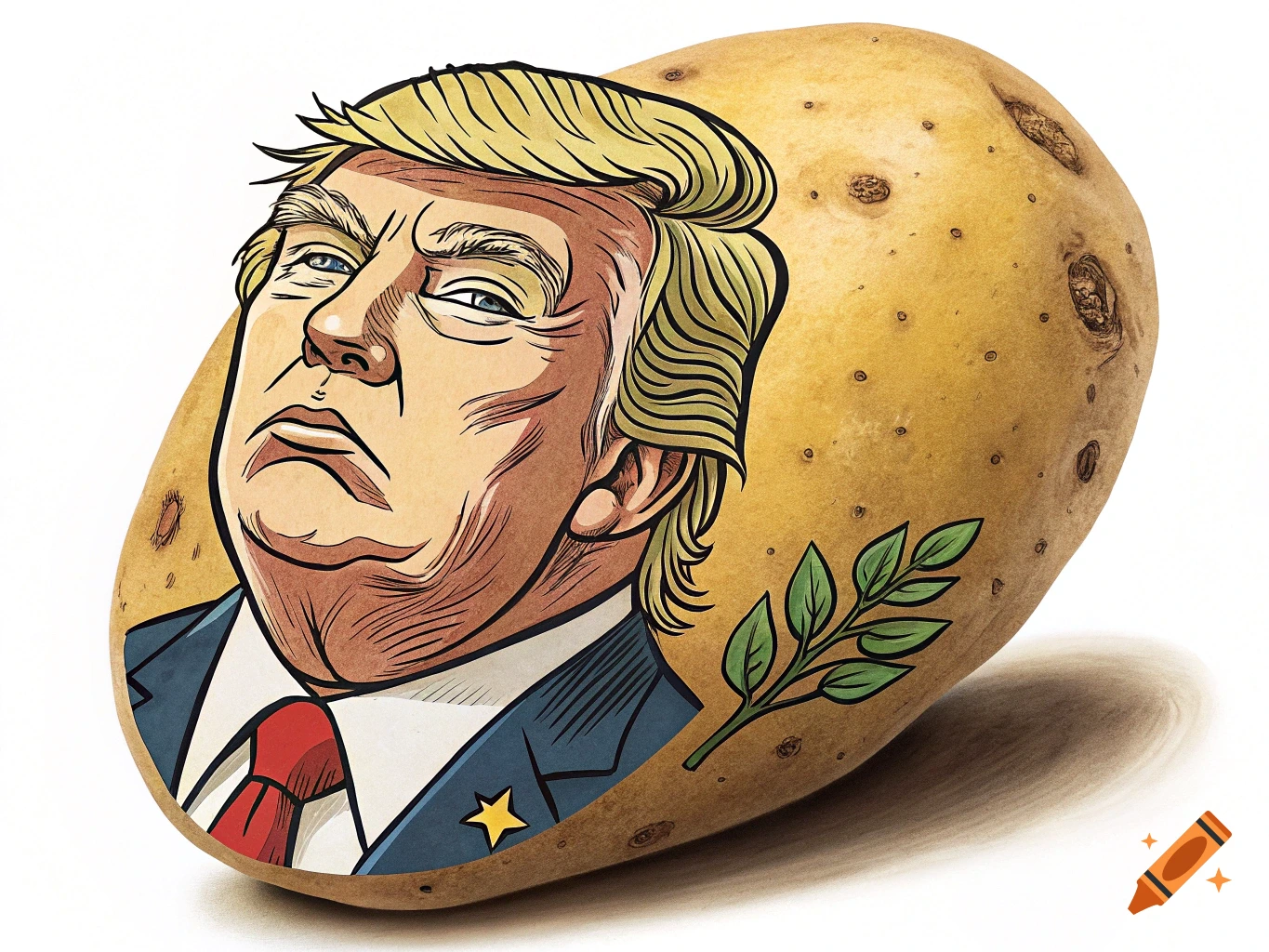 Illustration of a caricature of Donald Trump's face on a potato with a ...