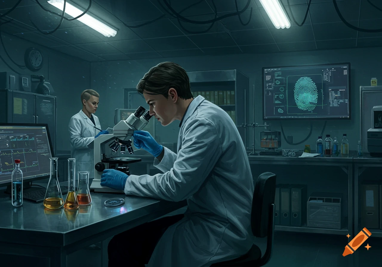 Two scientists in a lab coat work on forensics, one looking through a microscope, the other at ...