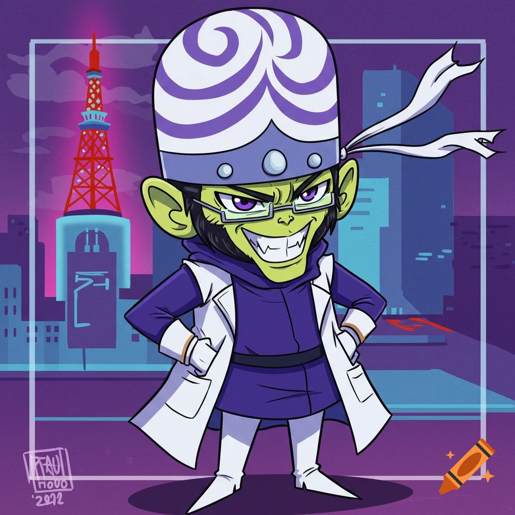 A cartoon villain in a scientist coat stands in front of a city skyline ...