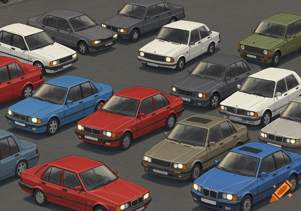 An illustration shows many sedan cars of different colors parked close ...