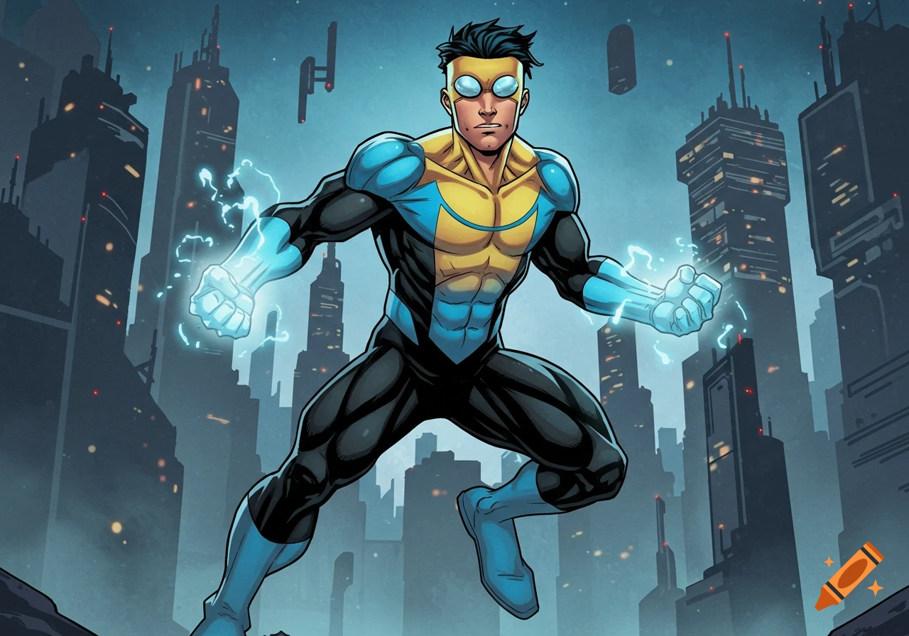 Invincible the superhero floats above a city with energy crackling ...