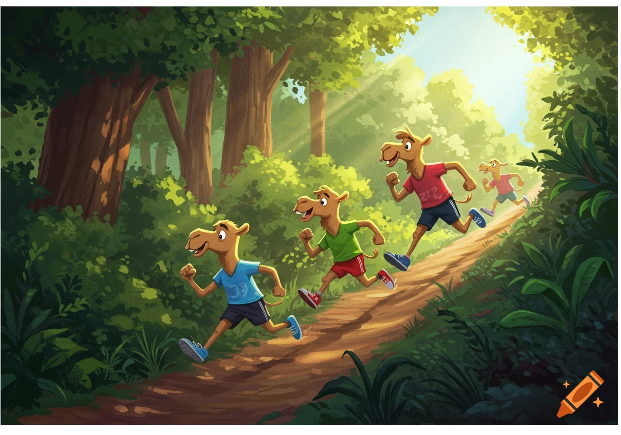 Cartoon camels run up a forest trail. on Craiyon