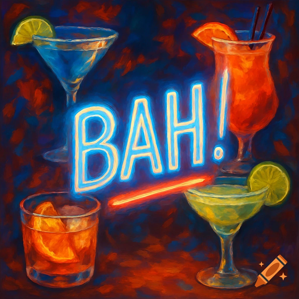 A painterly image of a neon sign reading 'BAH!' surrounded by four ...