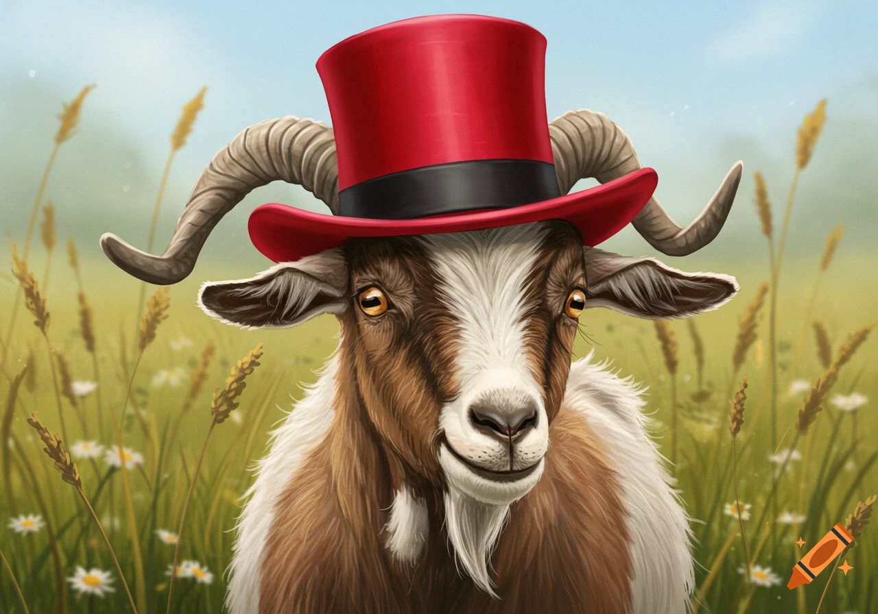 A goat wearing a red top hat stands in a grassy field. on Craiyon