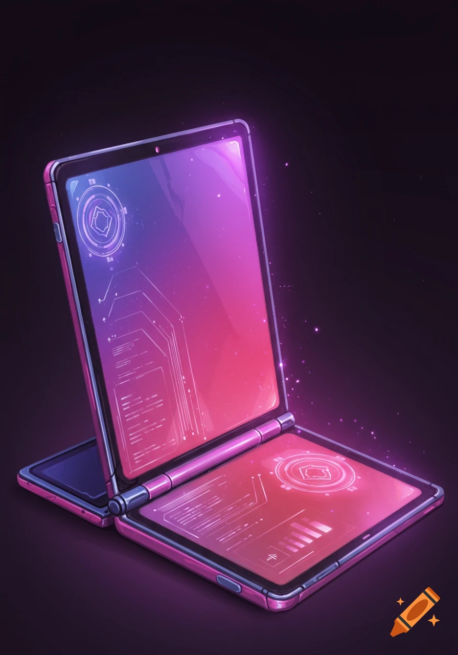 A futuristic bifold tablet with glowing purple and pink screens ...