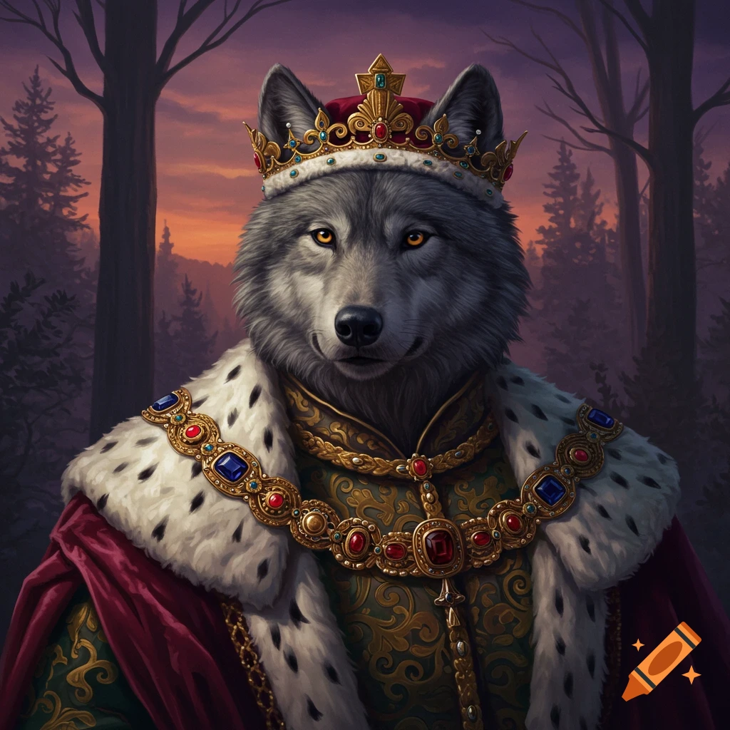 A portrait of a grey wolf wearing a crown and king's robes in a forest ...
